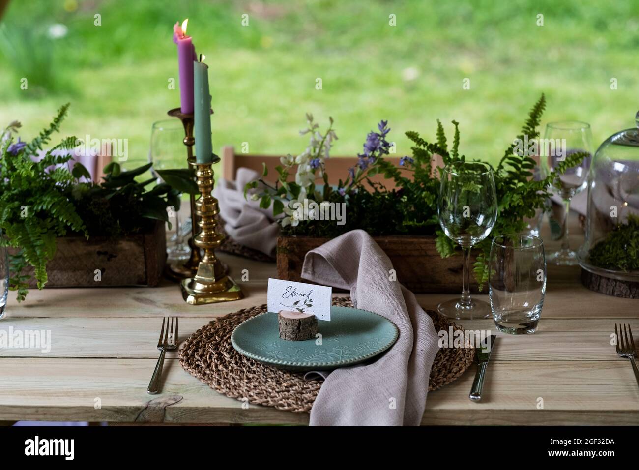 High angle view of rustic place setting for a woodland naming ceremony ...