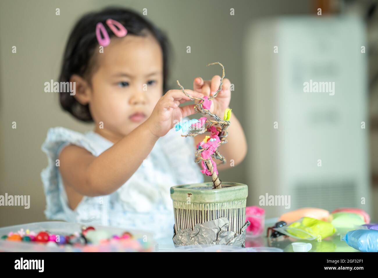 Southeast Asian female kid concentrate playing with flower pot on the ...