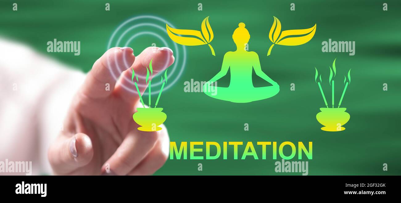 Woman touching a meditation concept on a touch screen with her finger ...