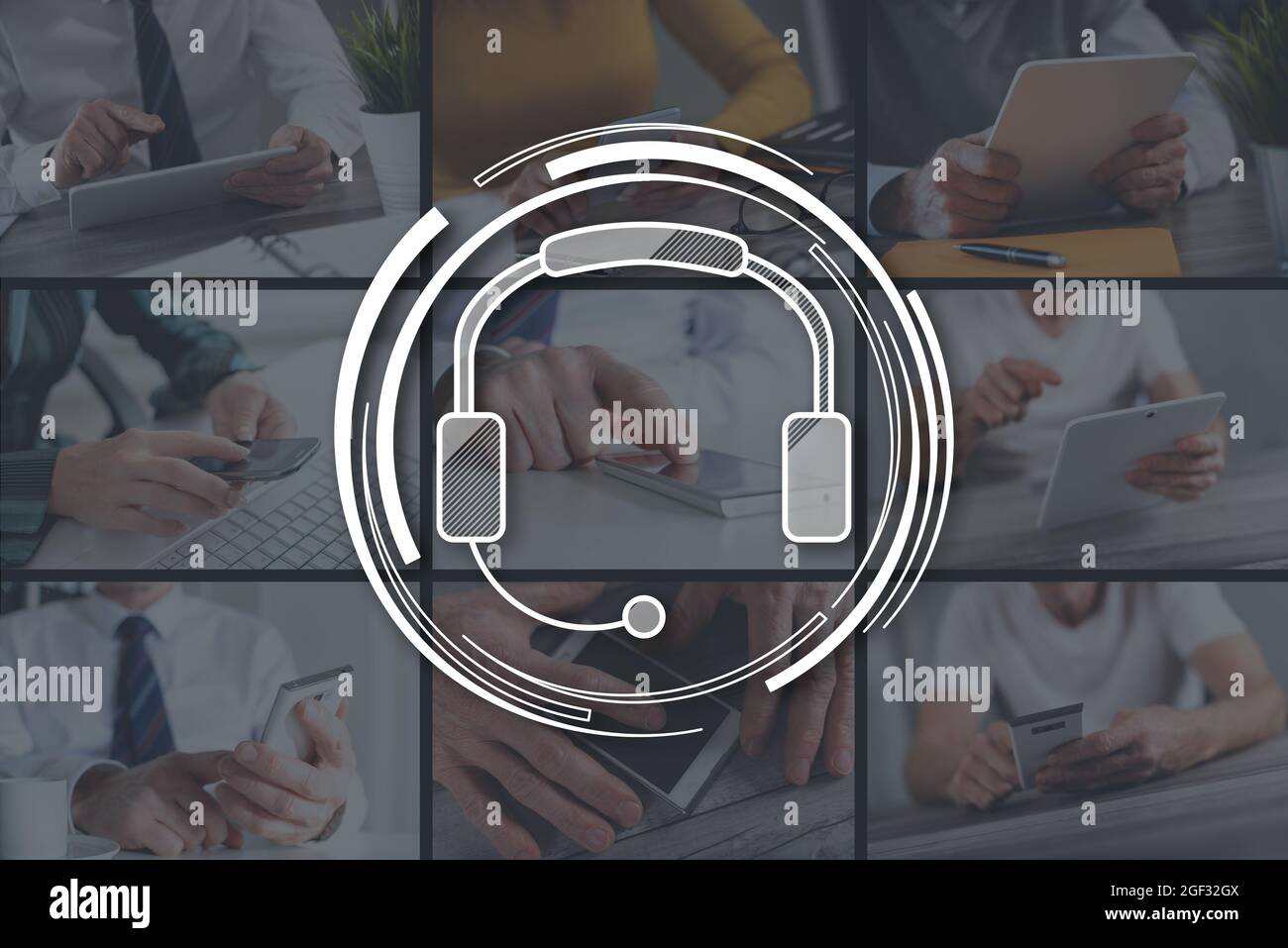 Customer support concept illustrated by pictures on background Stock ...