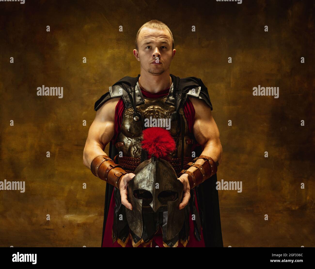 Close up of medieval person, brutal man, warrior or knight in war ...