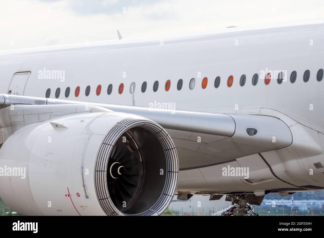 Test aircraft view of the engine and windows with various sensors and ...