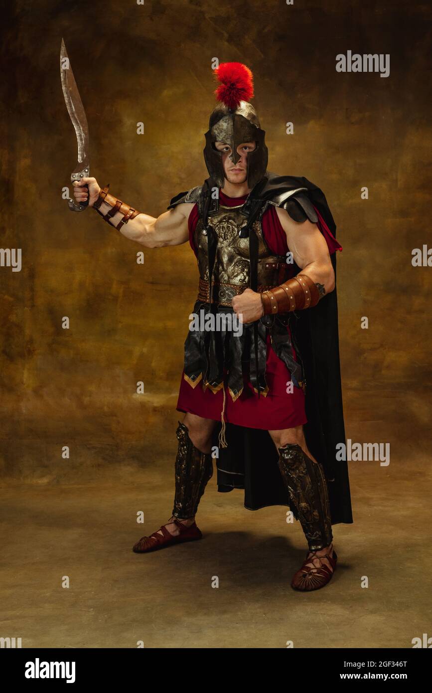 Portrait of medieval person, brutal man, warrior or knight in war ...
