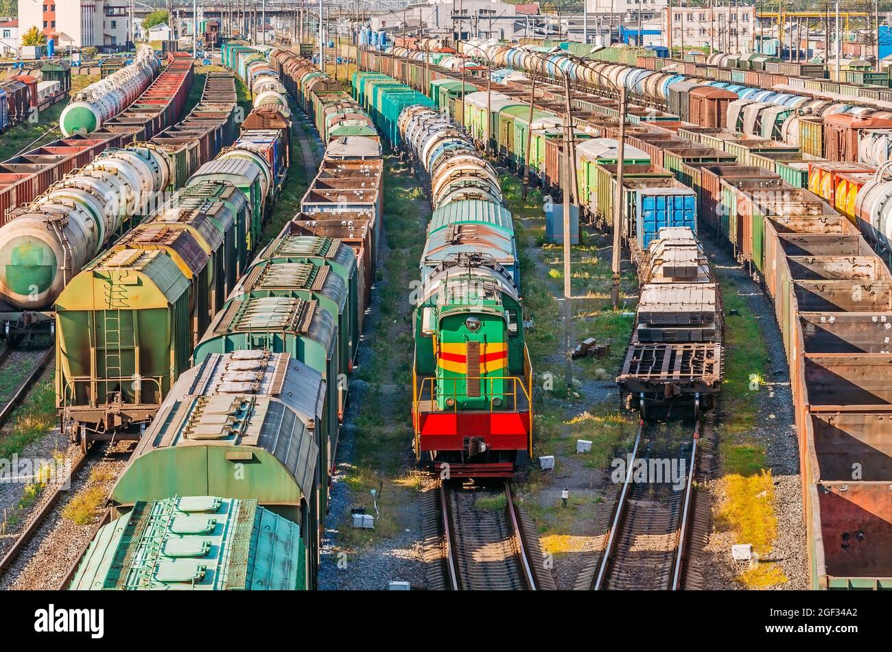 Sorting freight wagons locomotive on the railroad while formation the ...