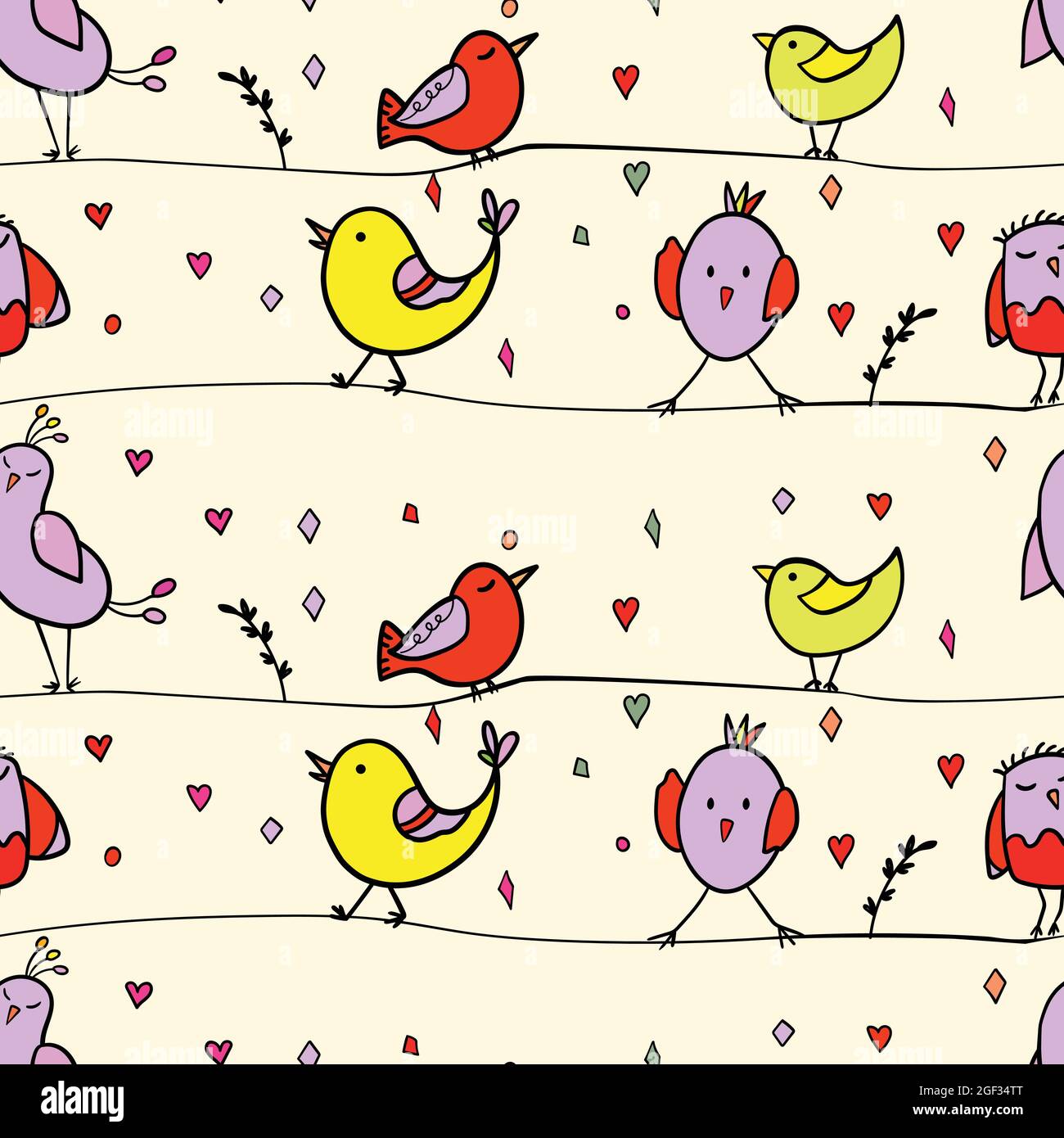 Seamless pattern with funny colorful birds sitting on wires. Color flat ...
