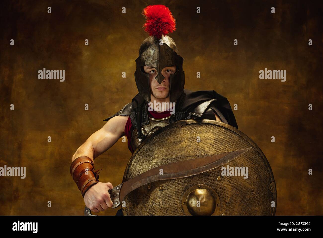 Close up of medieval person, brutal man, warrior or knight in war ...