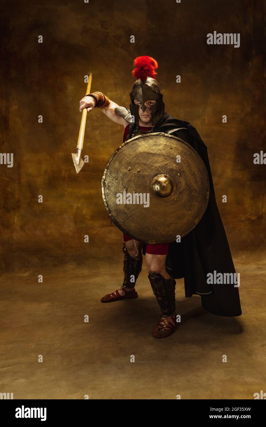 Portrait of medieval person, brutal man, warrior or knight in war ...