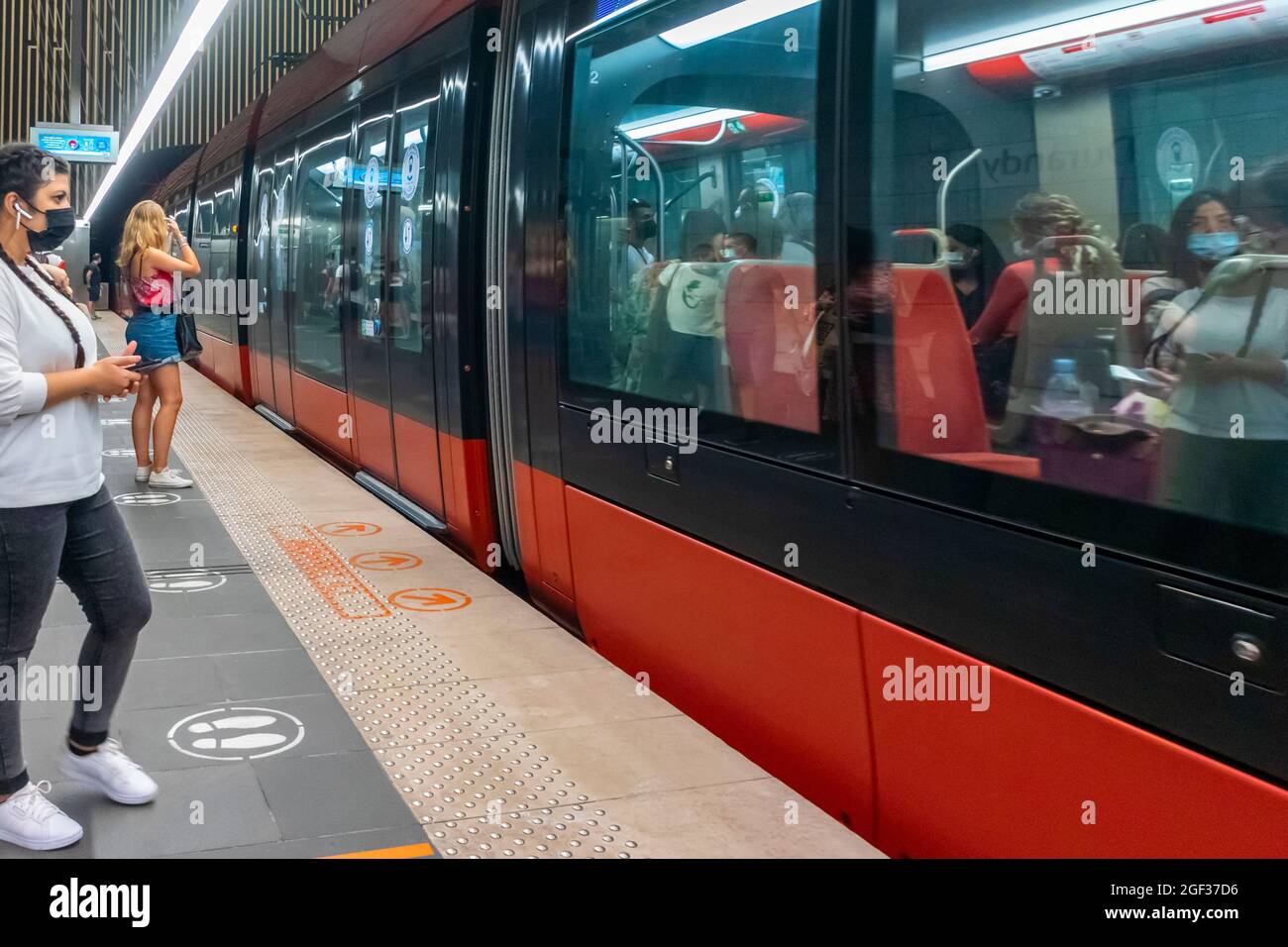 Nice, France, Women with Masks, Traveling inside Tube Subway Train ...