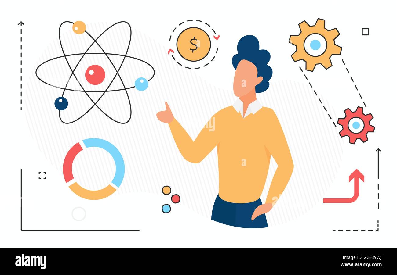 Science research, man character and scientific abstract line icon ...