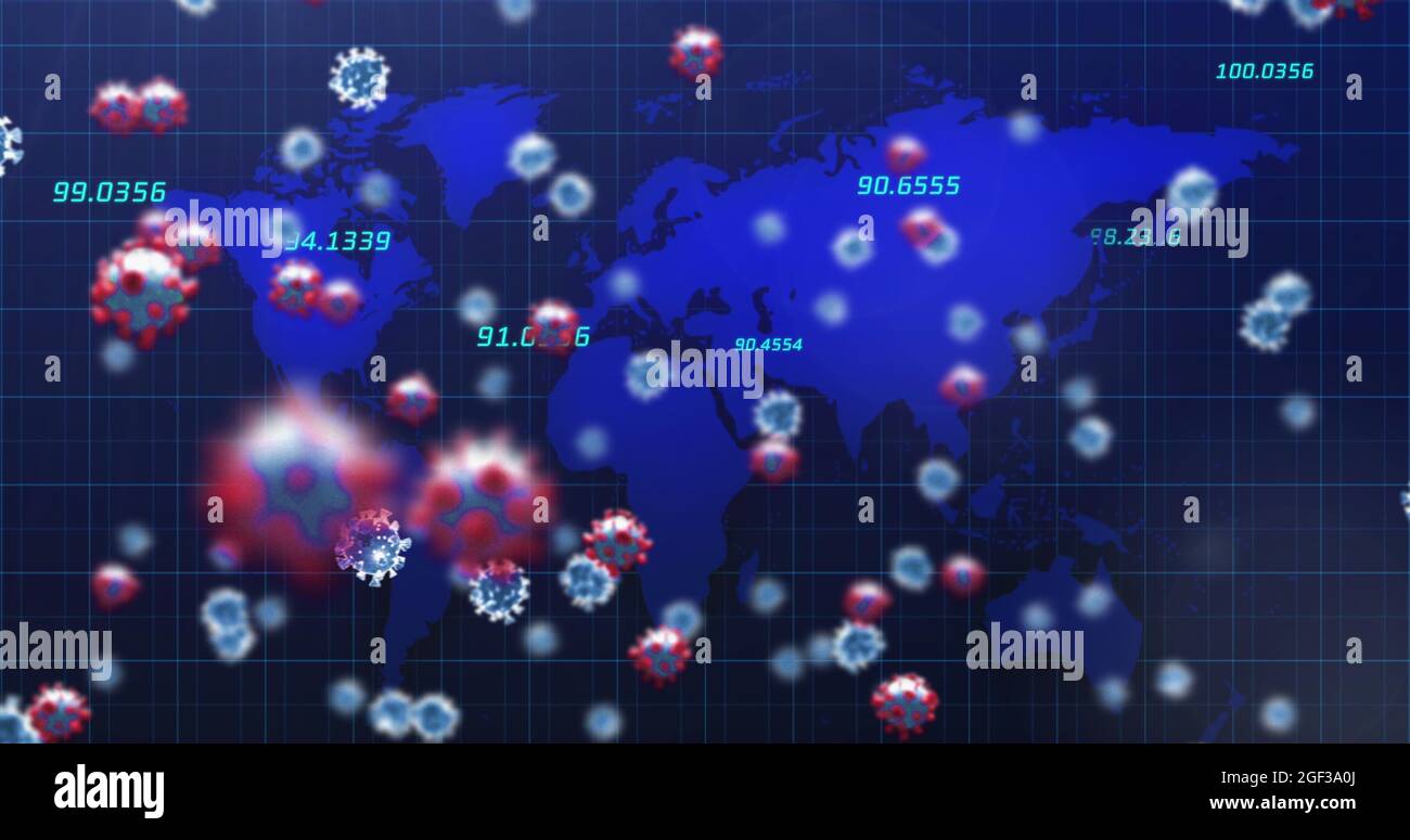 Covid-19 cells and numbers moving against World map Stock Photo - Alamy