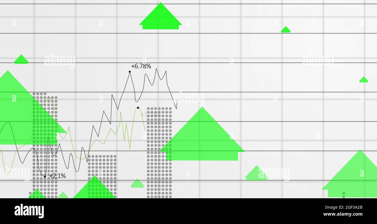 Image of statistics recording and green arrows pointing up moving on ...