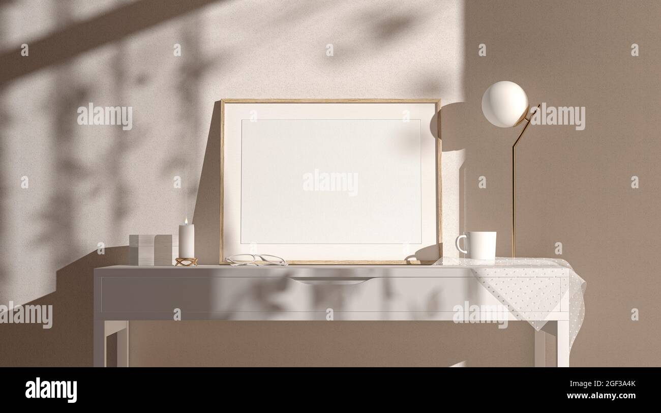 Blank wood a4 horizontal frame mockup interior background, 3d rendering ...