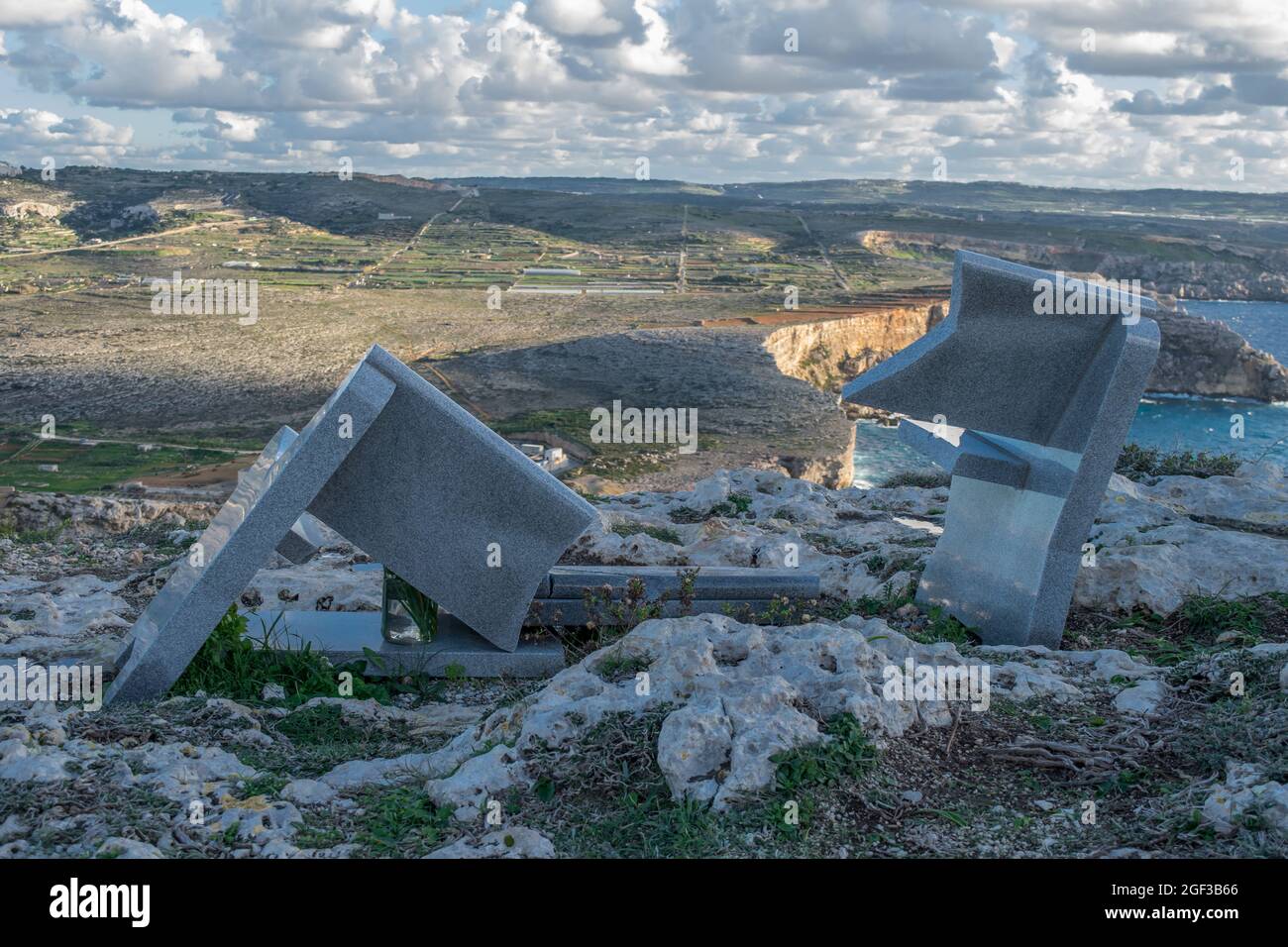 MELLIEHA, MALTA - Jan 04, 2021: A vandalised marble bench placed on the ...