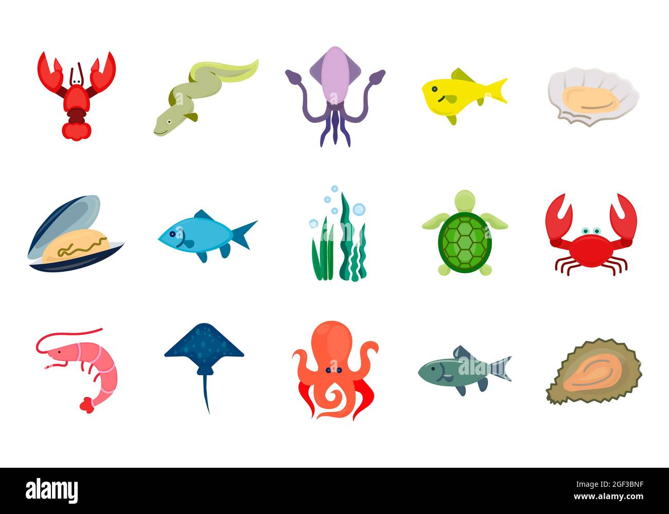Set of deafood flat icons. Pictogram for web. Sea animals simple ...