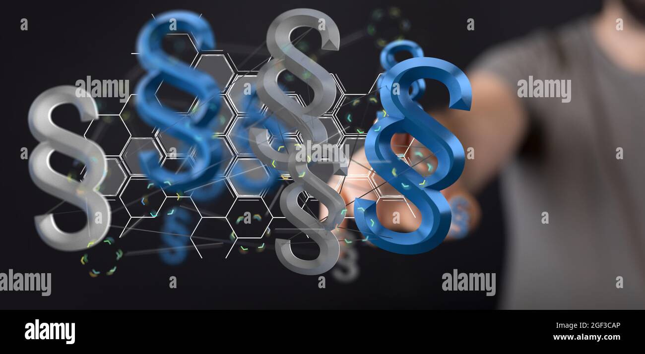 Panoramic shot of a hand touching floating 3D law and justice paragraph signs Stock Photo - Alamy
