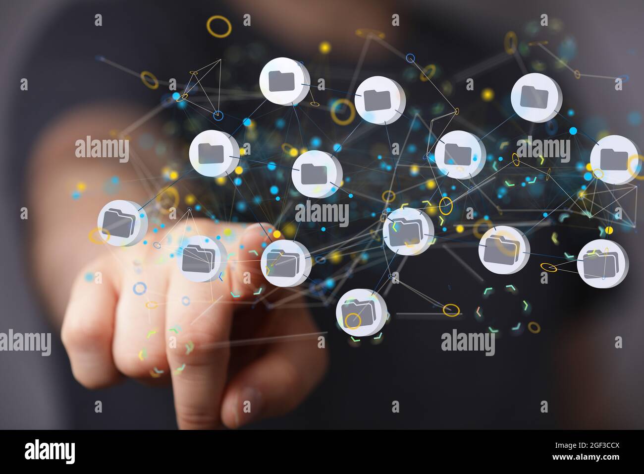 Hand touching a floating 3D cloud computing sign Stock Photo - Alamy