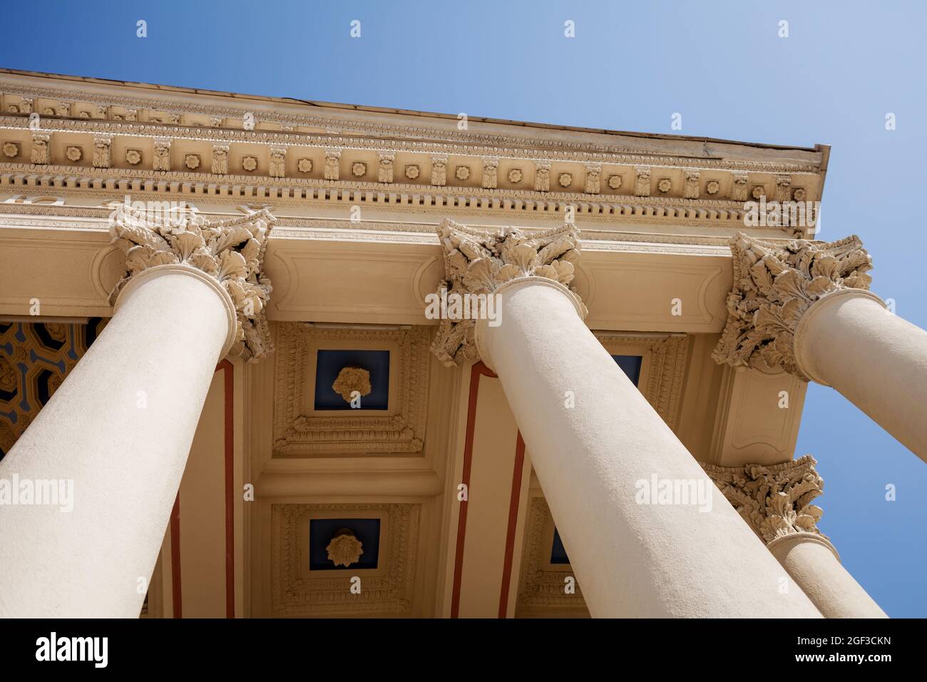 Historic building columns over sky background. Classic european ...