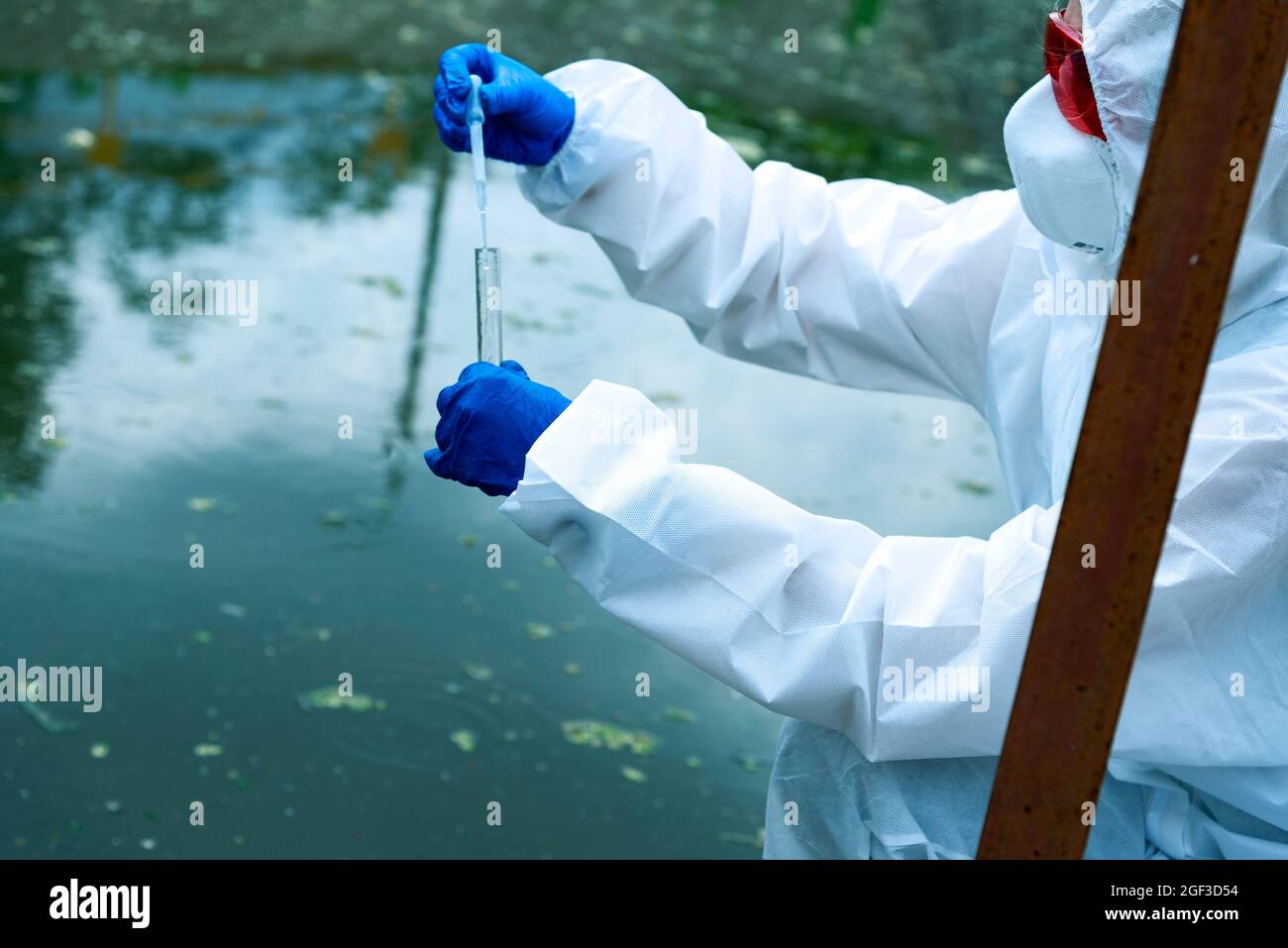 Sampling from open water. A scientist or biologist takes a water sample ...