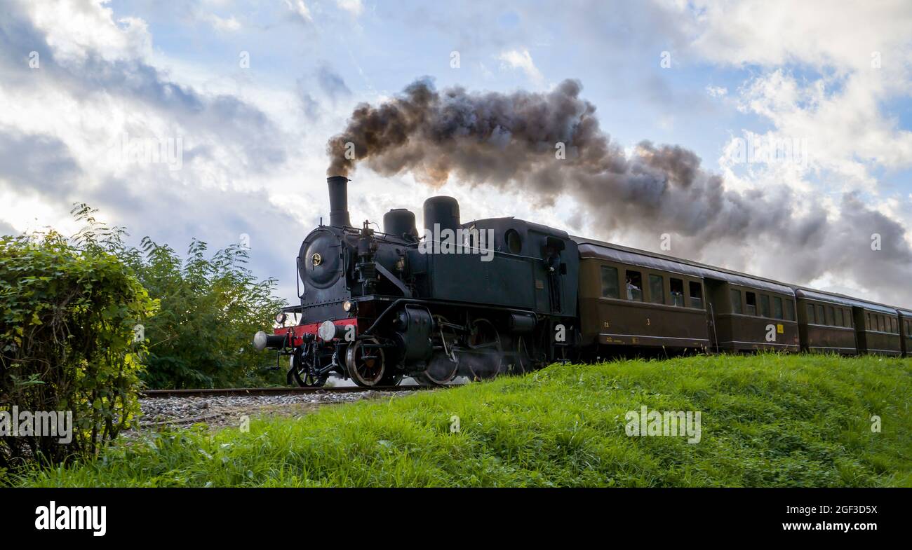 Vintage steam train with ancient locomotive and old carriages runs on ...
