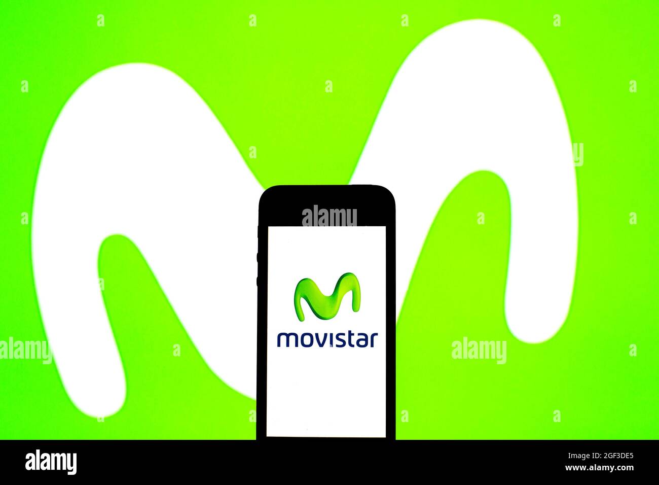 In this photo illustration a Movistar logo seen displayed on a ...
