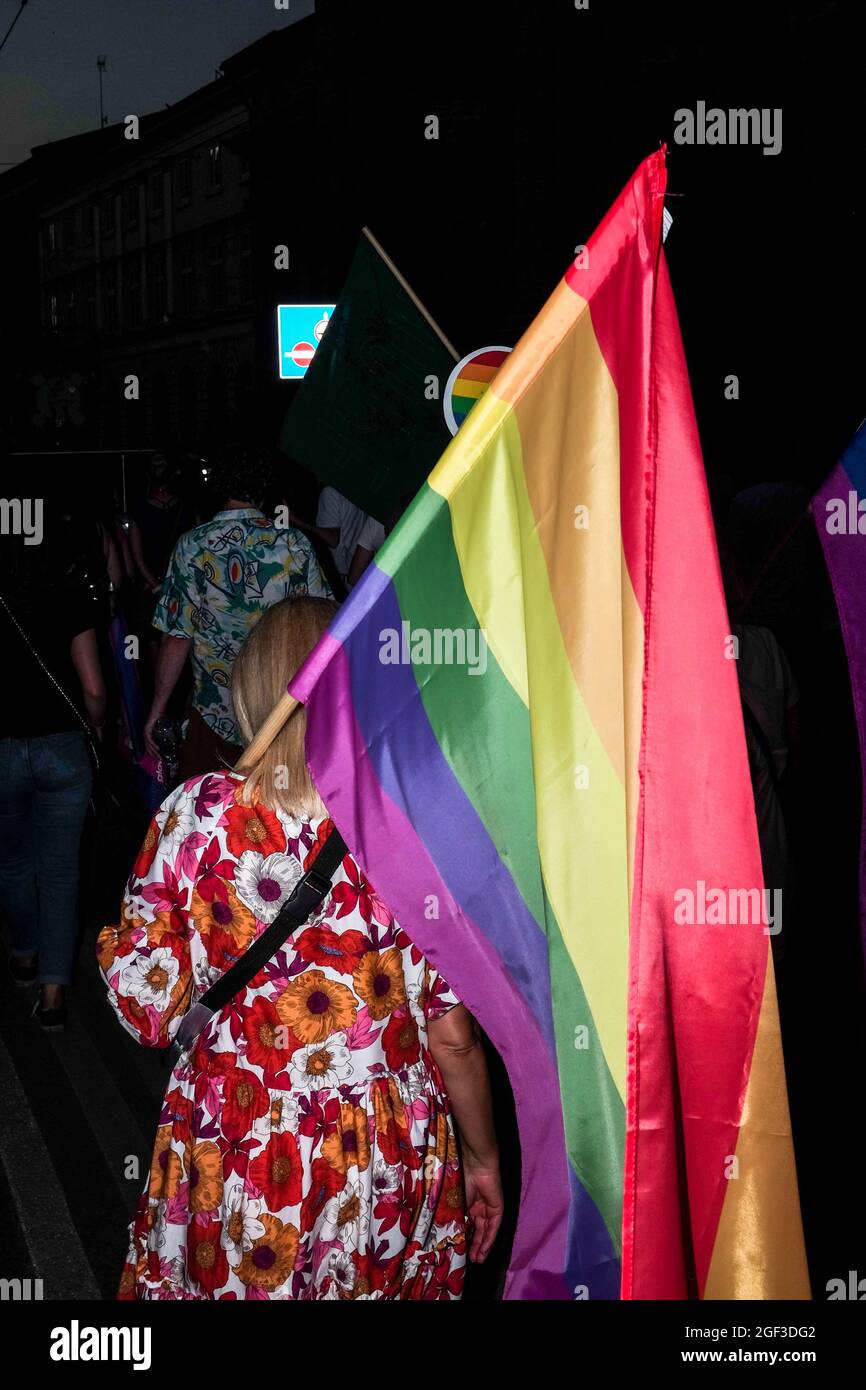 Members of Polish LGBTQ community are seen with rainbow flags during ...