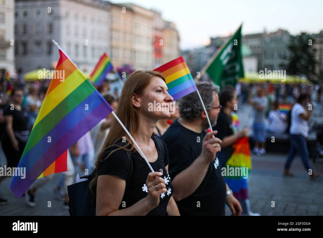 Members of Polish LGBTQ community are seen with rainbow flags during ...