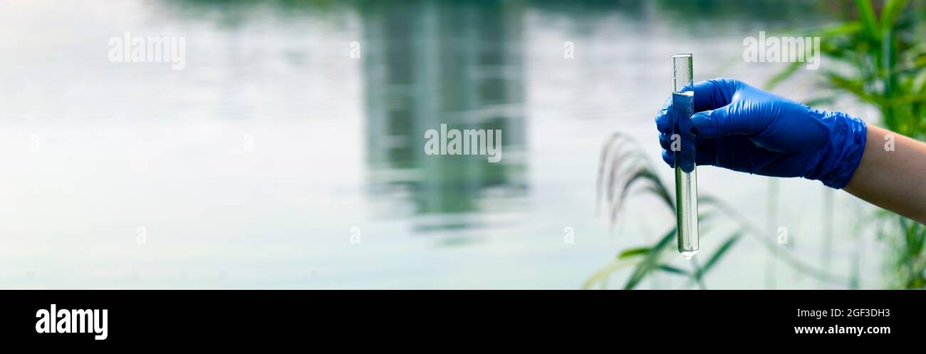A gloved hand collects water into a test tube. Sampling from open water ...
