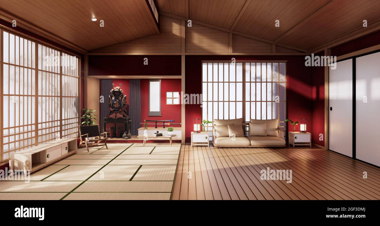 Samurai armor - Red living room japanese style.3D rendering Stock Photo ...