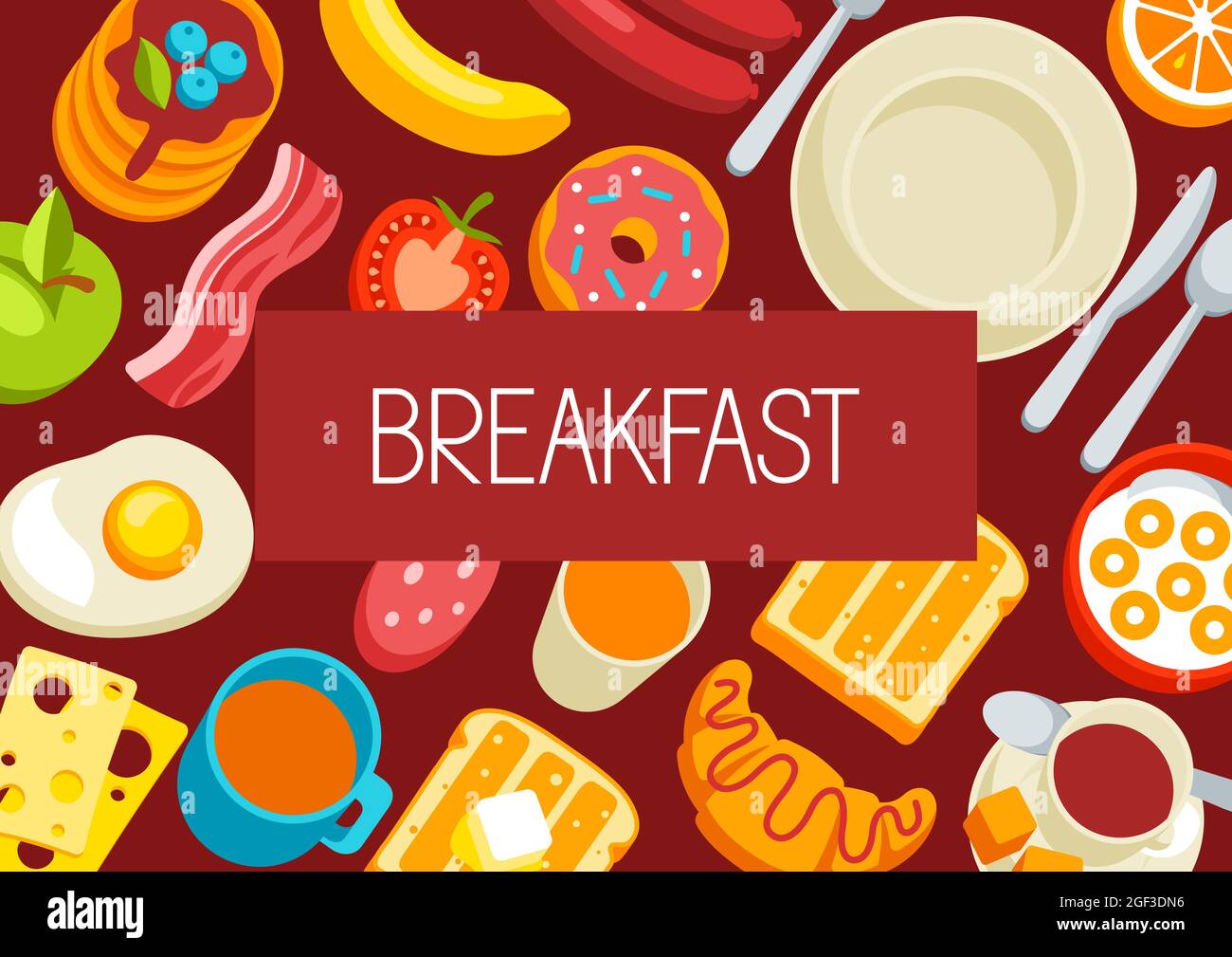 Healthy breakfast background. Various food and drinks. Illustration for ...
