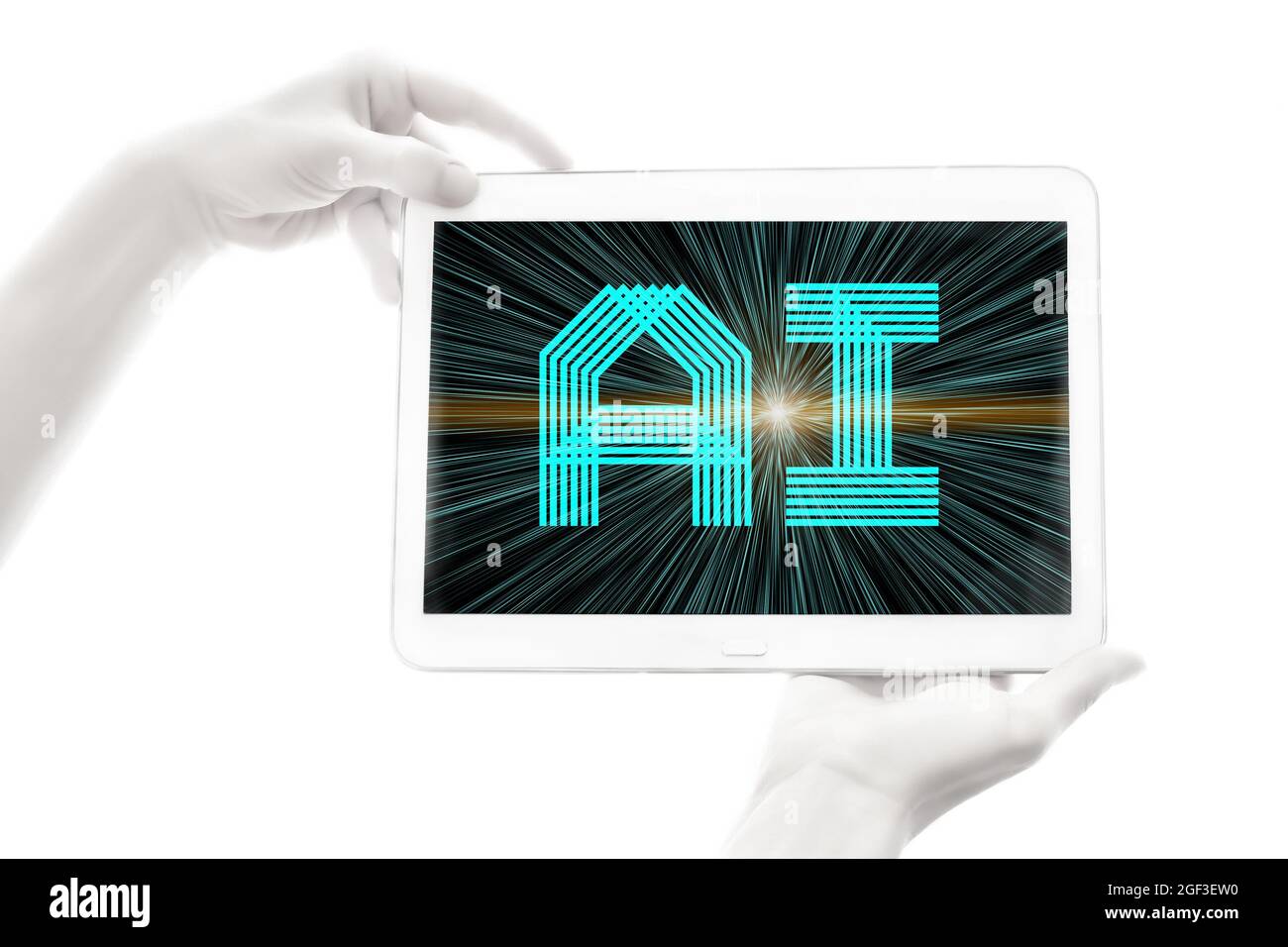 Human bionic hands holding electronic device on white background ...