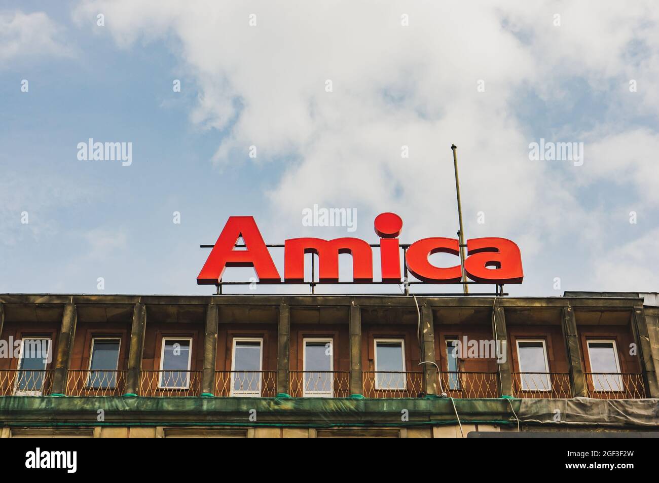 POZNAN, POLAND - Apr 25, 2018: The Amica company logo on a top of a ...