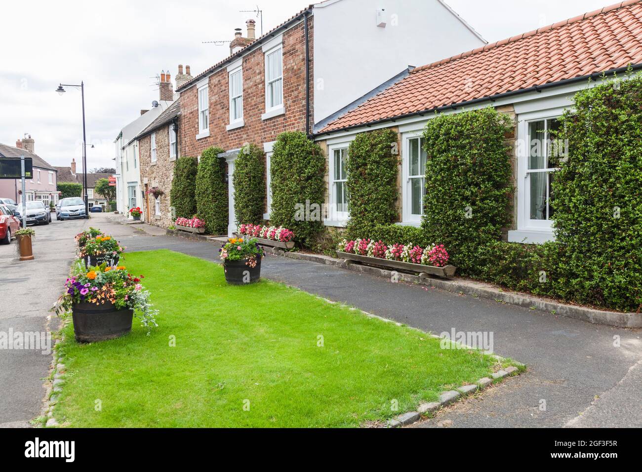 A row of terraced houses with a display of flower tubs near the Green ...