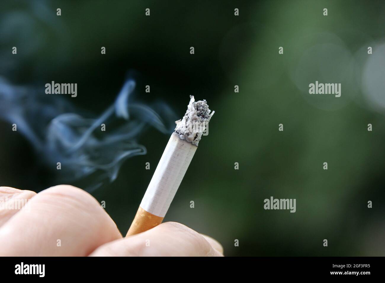 Lit cigarette in the blurred background Stock Photo - Alamy