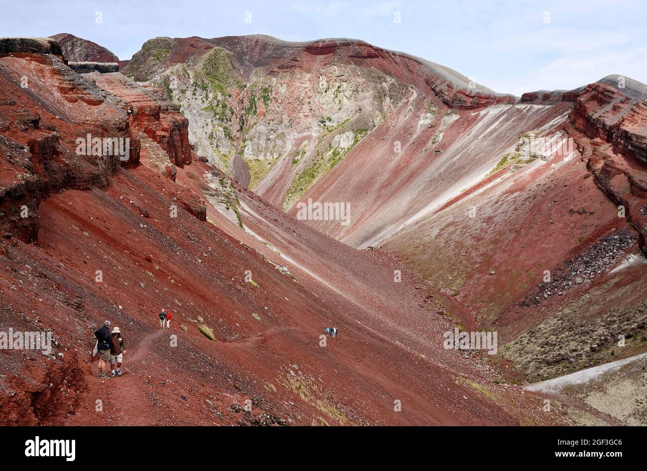 Mt. Tarawera crater, people hiking up, brown landscape, stark, 2600 ...