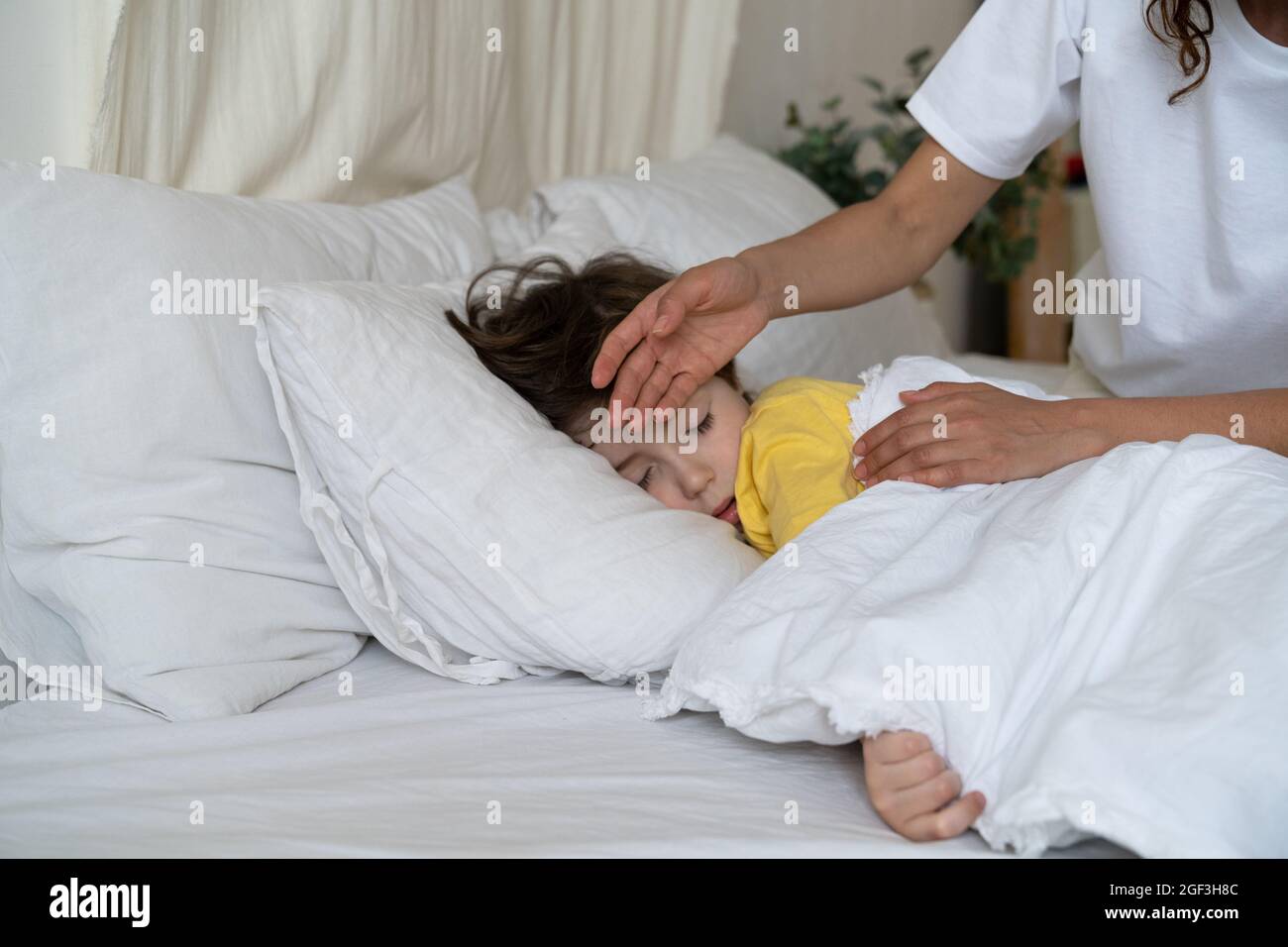 Mother hand touch boy forehead check temperature of sick son sleep in ...
