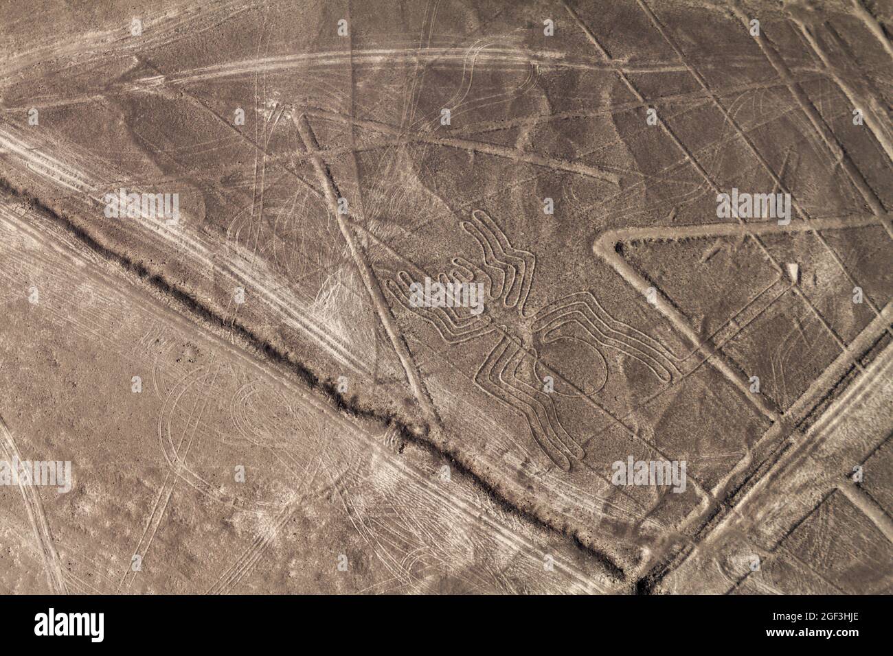 Aerial view of geoglyphs near Nazca - famous Nazca Lines, Peru. In the ...