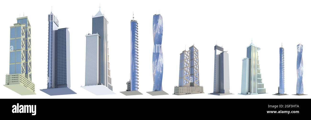 Set of highly detailed urban tall buildings with fictional design and ...