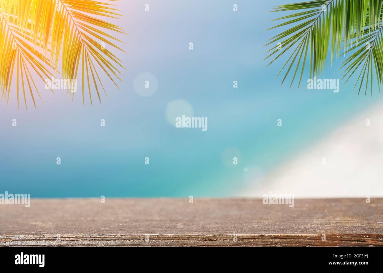 Beach table background. Wooden table for product on a sunny tropical ...