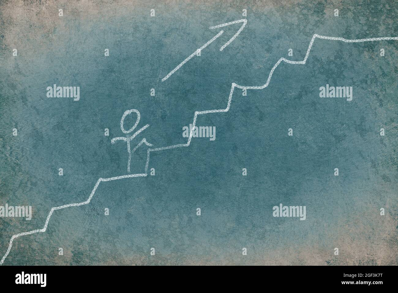 Stick figure walking up the stairs, chalkdrawing on a blue textured ...