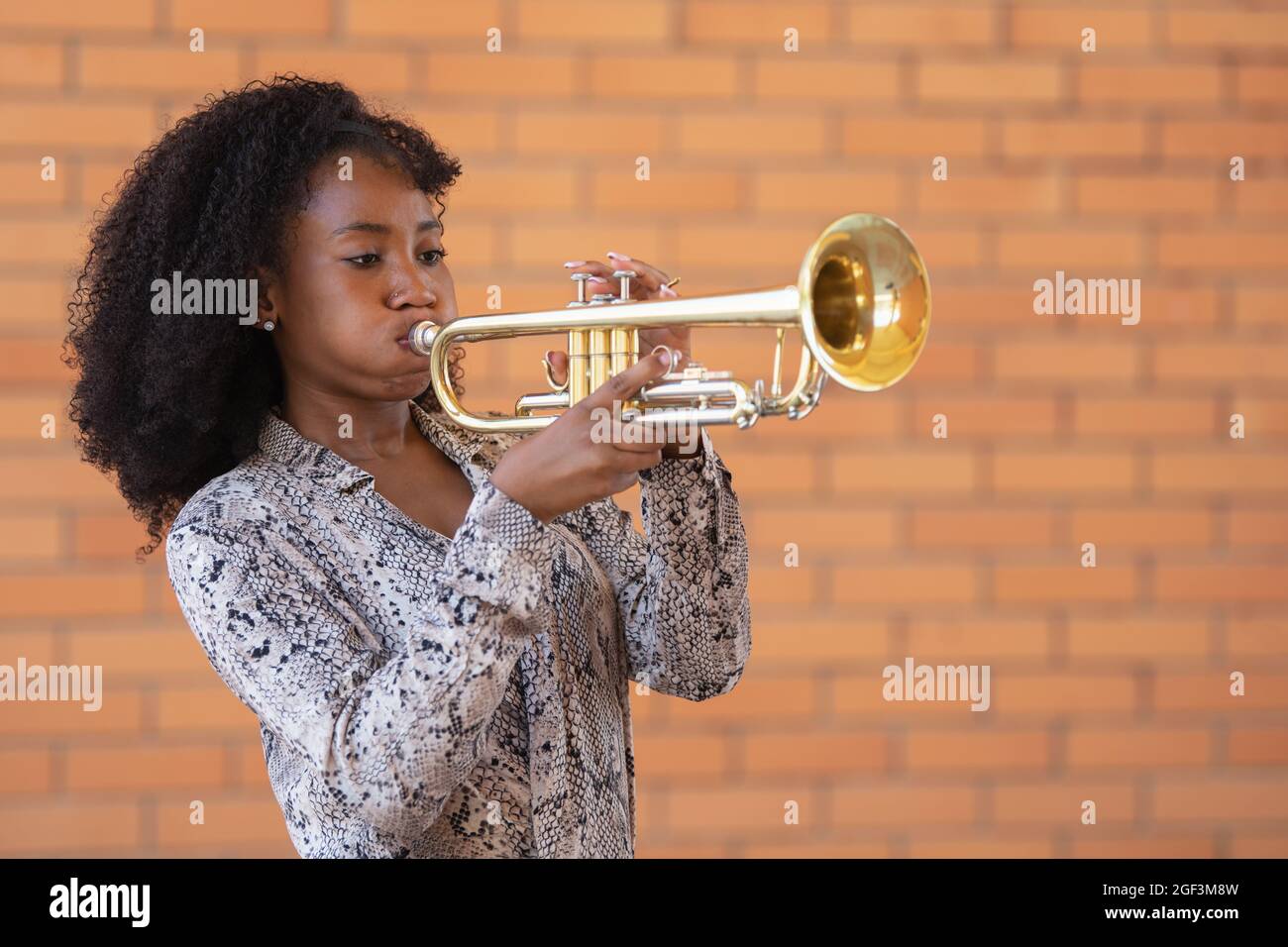 Portrait of a young afro american woman playing the trumpet outside on ...