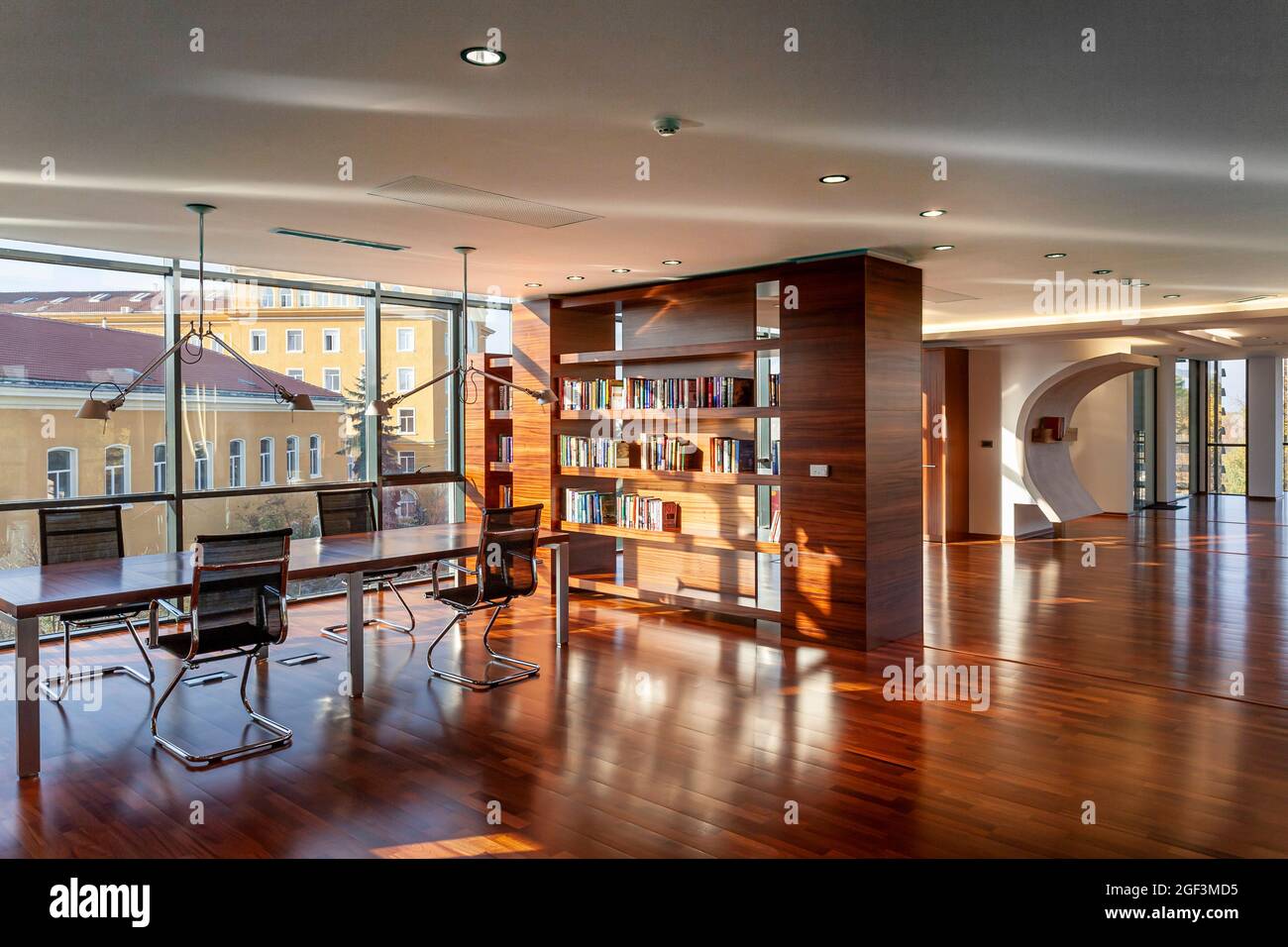 Office interior design, modern open large space with big windows, natural light and design to ...