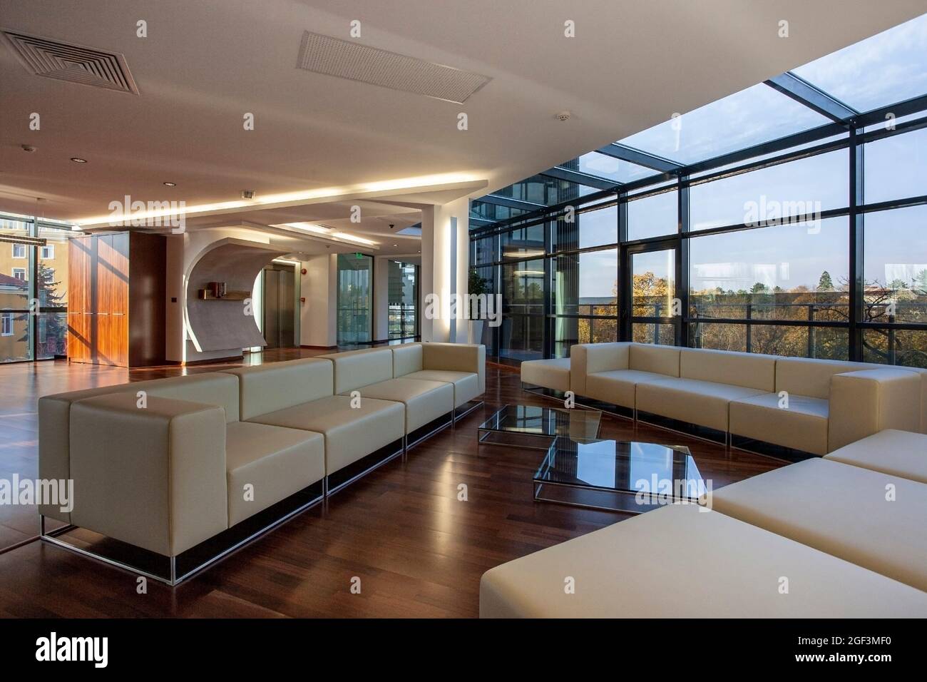 Modern office interior design, geometric shapes, artistic construction ...