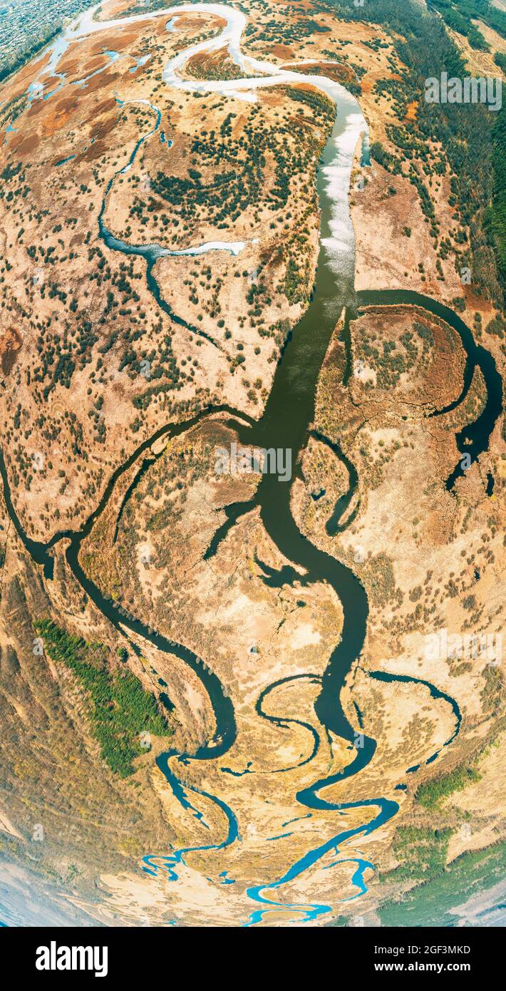 Aerial View River Landscape In Sunny Spring Day. Top View Of Beautiful ...