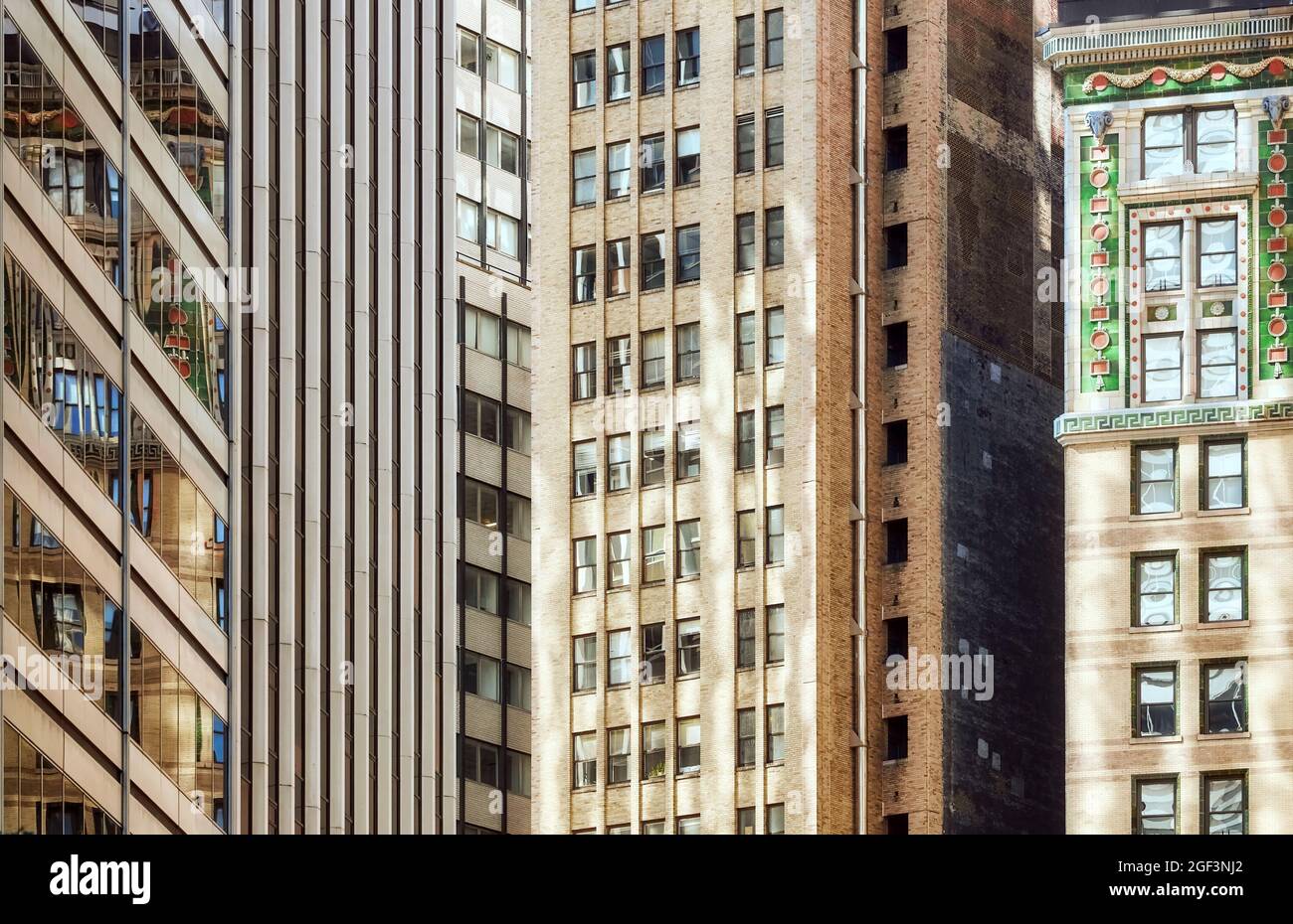 Close up picture of old buildings facades, Manhattan diverse ...
