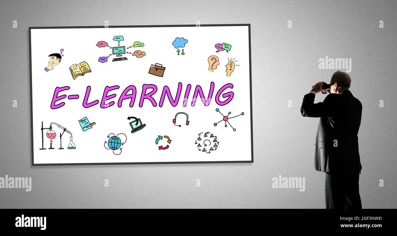 Man looking at e-learning concept through binoculars Stock Photo - Alamy