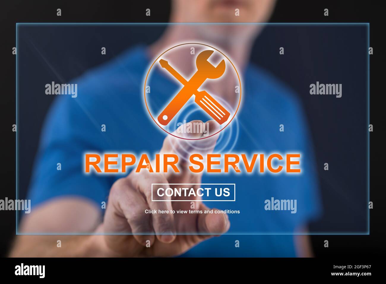 Man touching a repair service concept on a touch screen with his finger ...