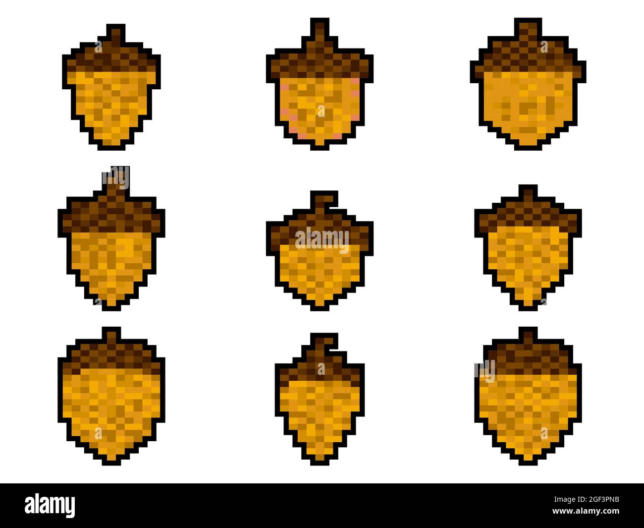 Acorn icon set isolated on white background, pixel art. 8 bit acorn ...