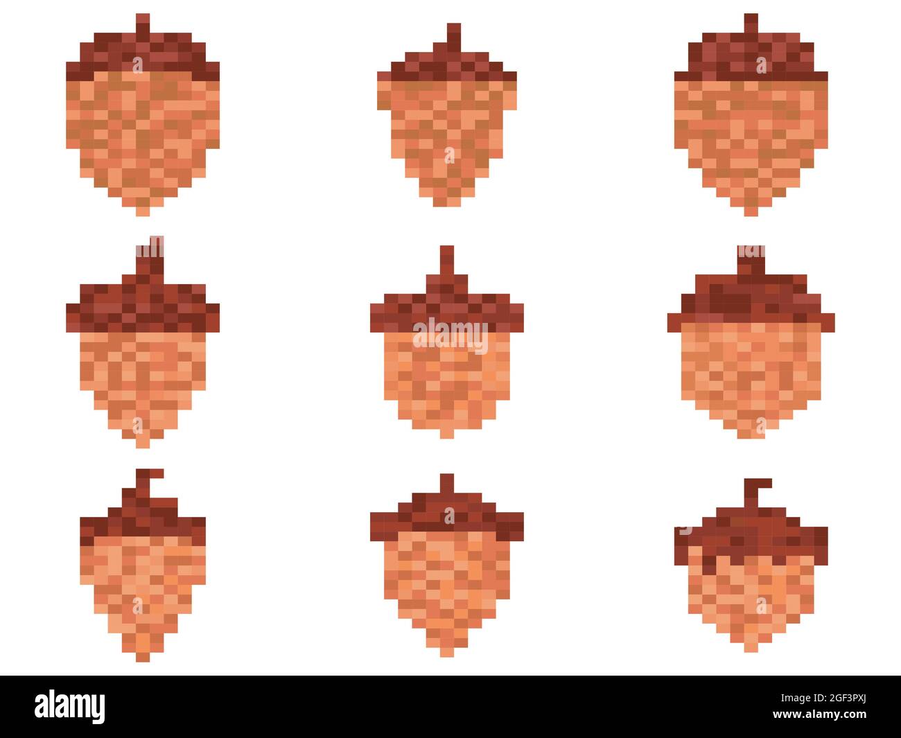 Acorn icon set isolated on white background, pixel art. 8 bit acorn ...