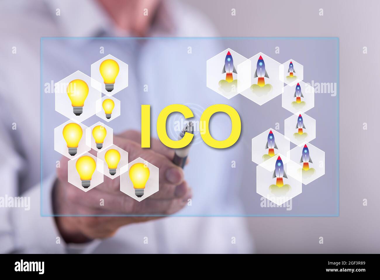 Man touching an ico concept on a touch screen with a pen Stock Photo ...