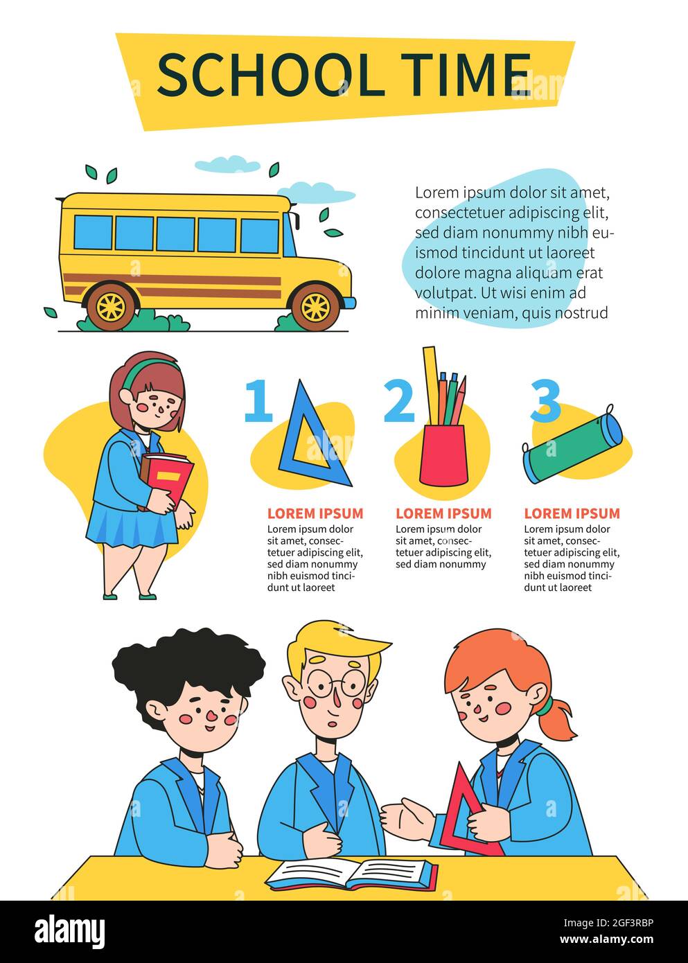 School time - colorful flat design style poster with cartoon characters ...